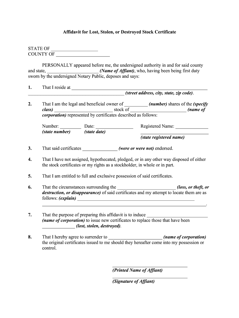 Lost Stock Certificate Fill Online Printable Fillable Blank 