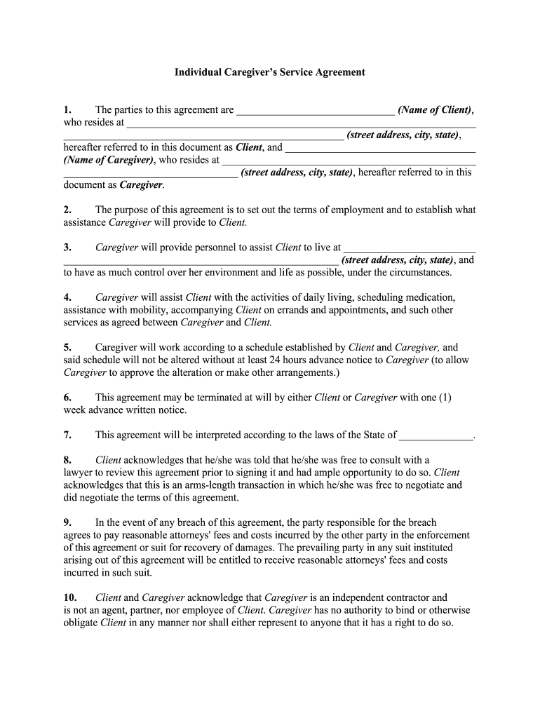 Agreement Caregiver Fill Online Printable Fillable Blank PdfFiller