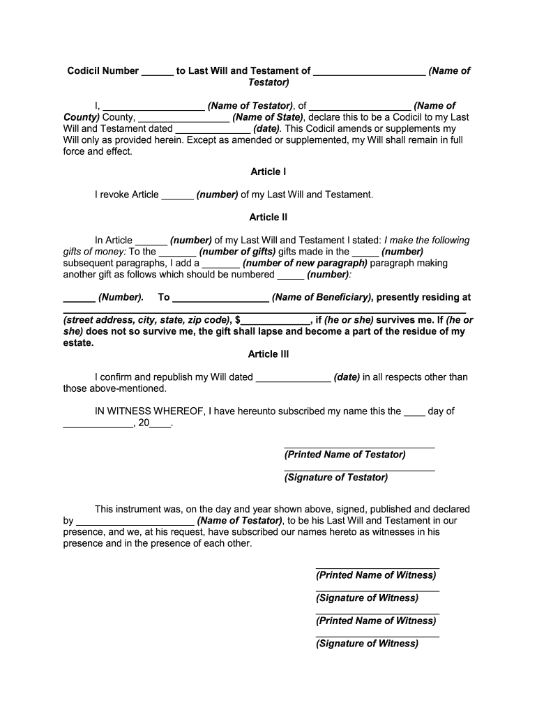 Codicil Fill Online Printable Fillable Blank PdfFiller