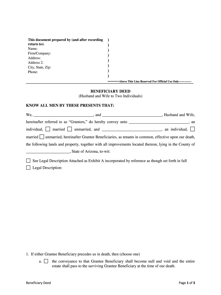 Fillable Online Arizona Transfer on Death Deed or TOD - Beneficiary Deed for Husband and Wife to ...