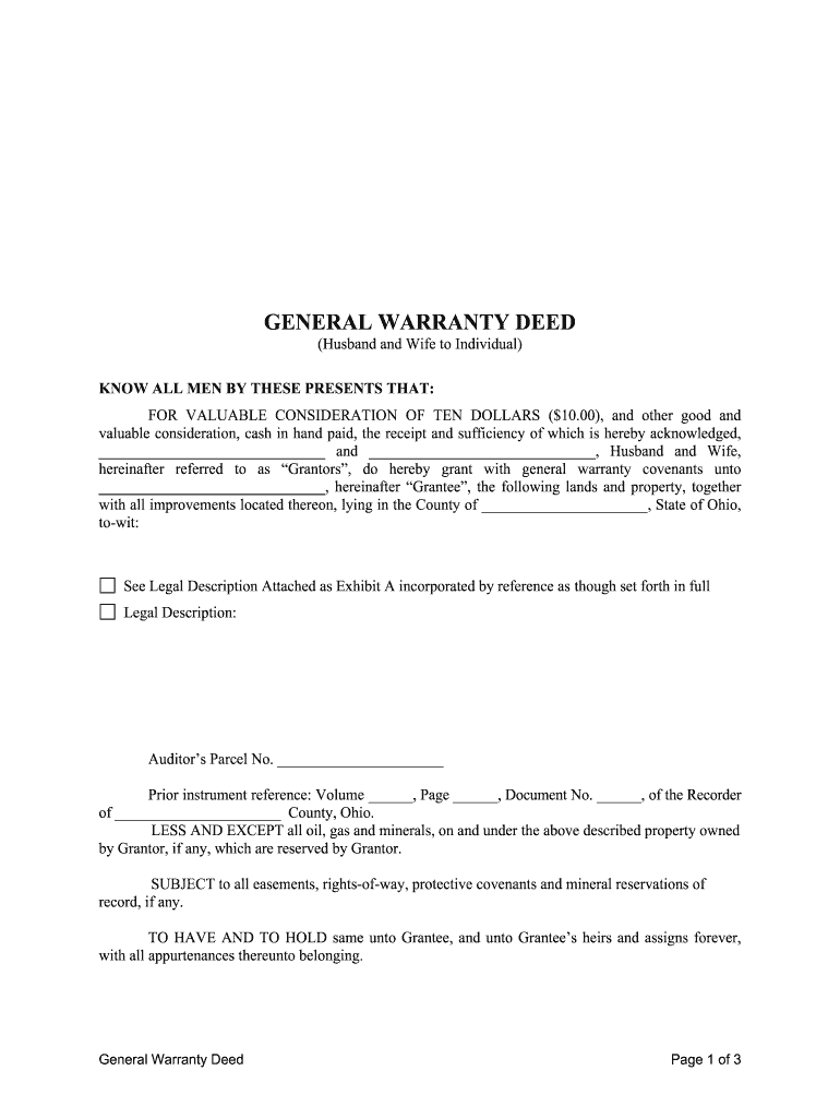 Fillable Online Ohio General Warranty Deed from Husband and Wife to an Individual Fax Email ...