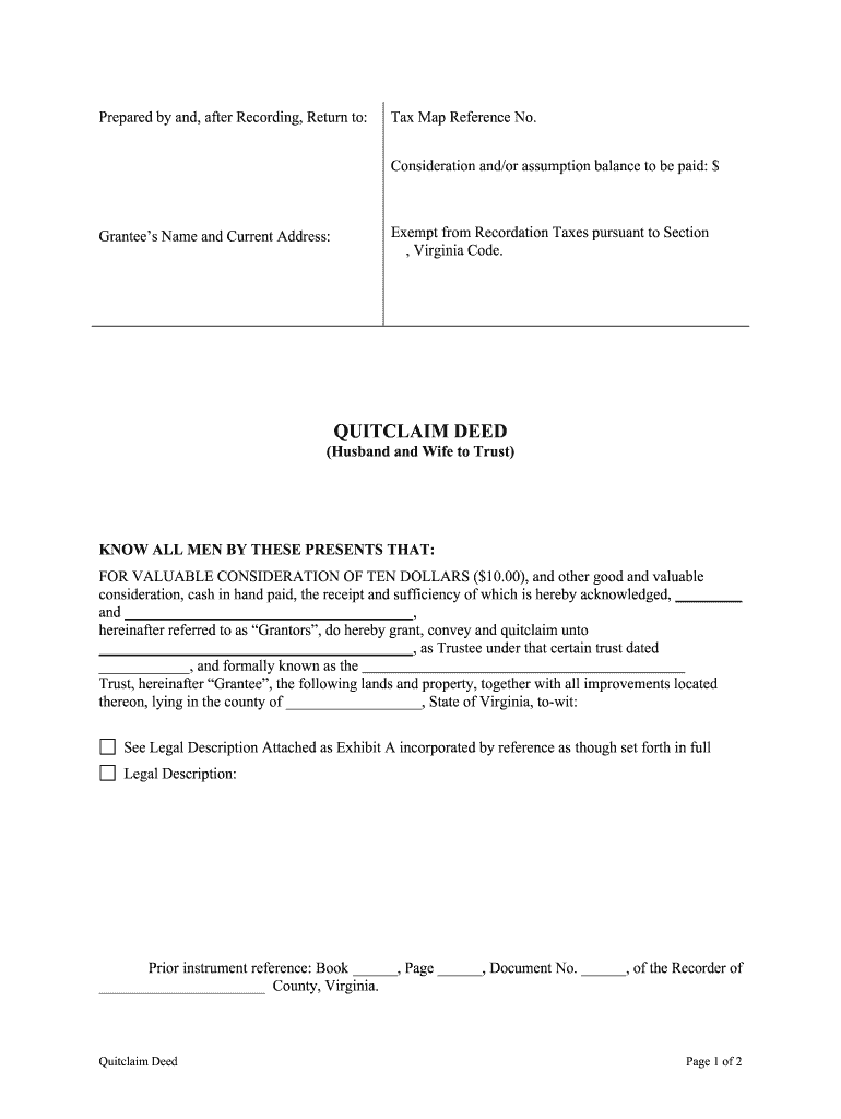 Fillable Online Virginia Quitclaim Deed - Husband and Wife to Trust Fax ...