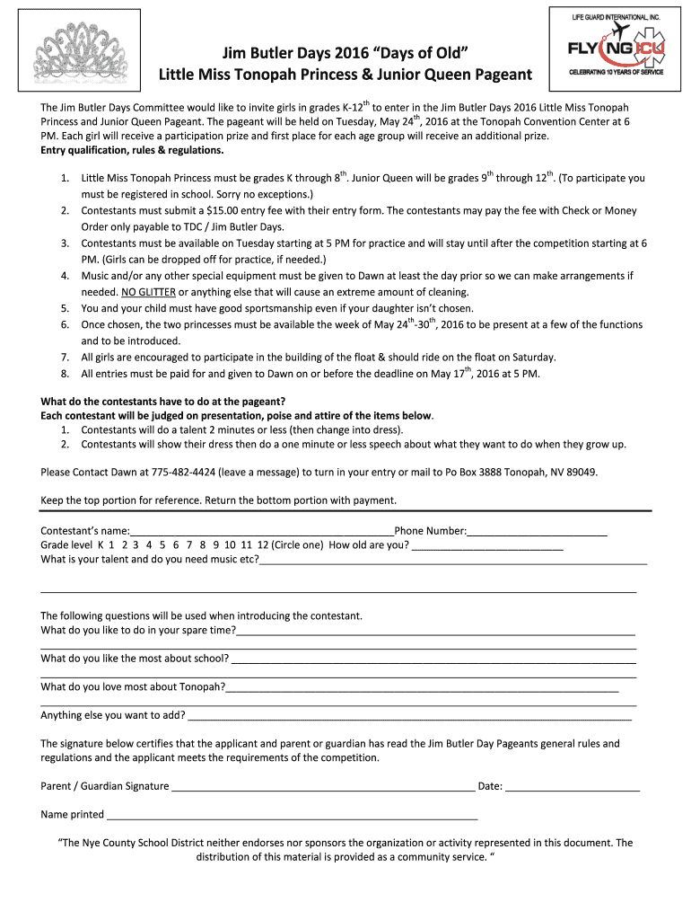 Fillable Online Jim Butler Days 2016 Days of Old Little Miss Tonopah ...