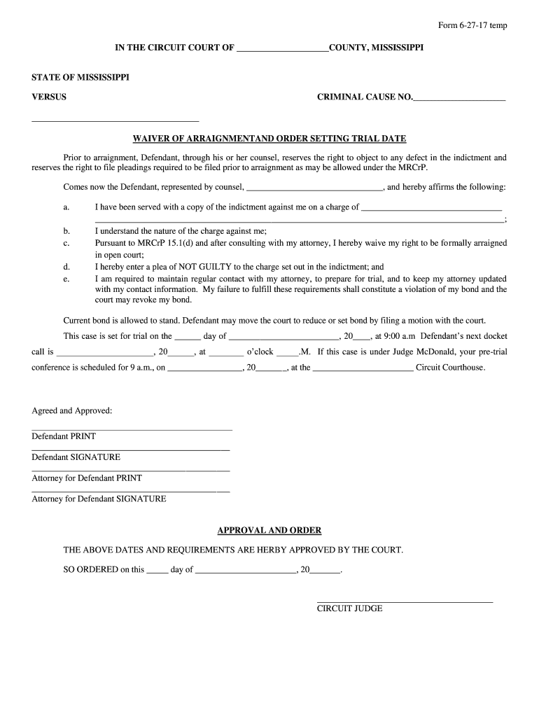 Fillable Online Waiver Of Arraignment And Entry Of Plea On Non ...