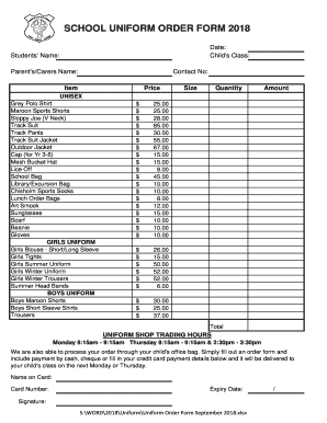Fillable Online school uniform order form 2018 - Chisholm Catholic ...