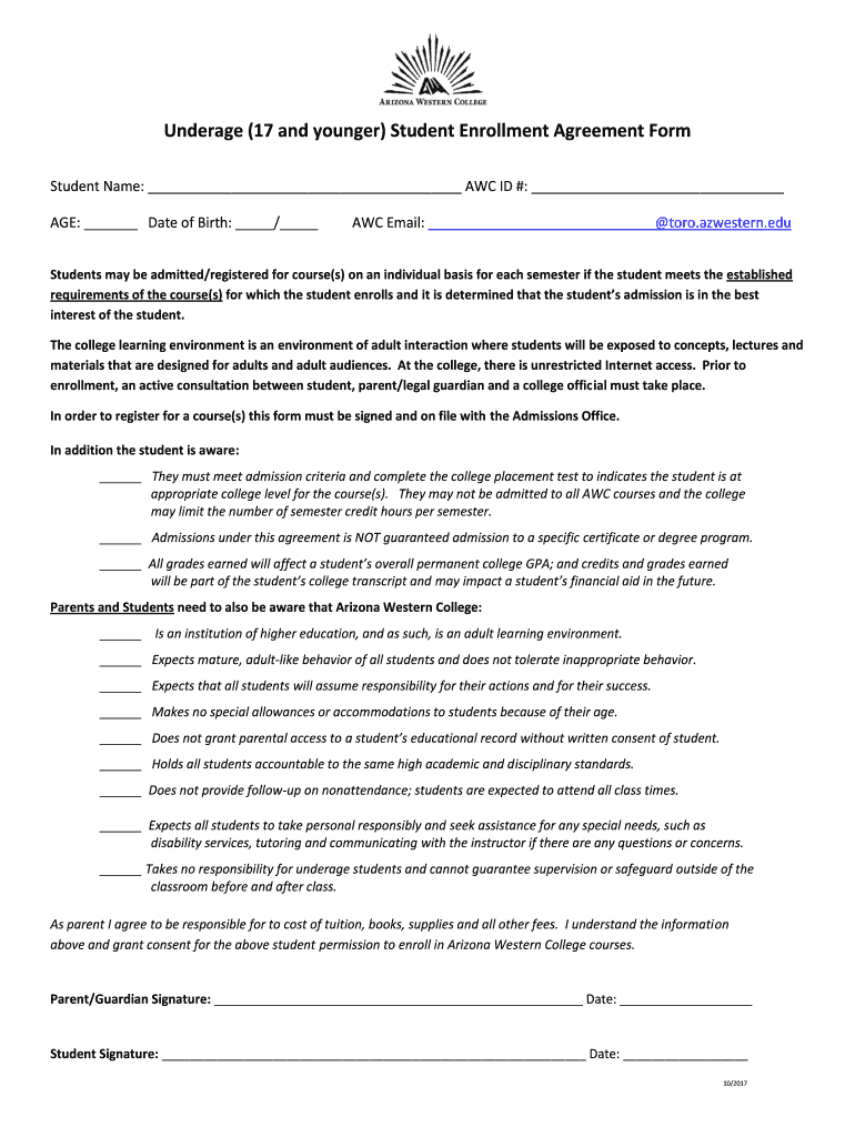 Fillable Online Underage (17 and younger) Student Enrollment Agreement Form Fax Email Print ...
