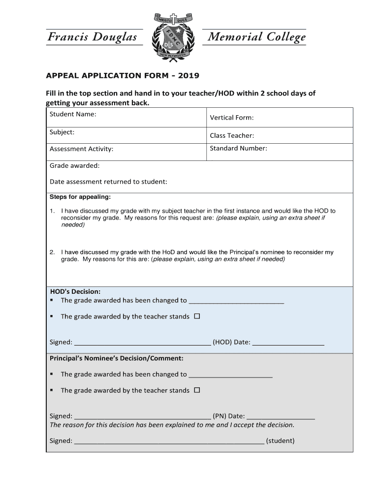 Fillable Online Fill in the top section and hand in to your teacher/HOD ...