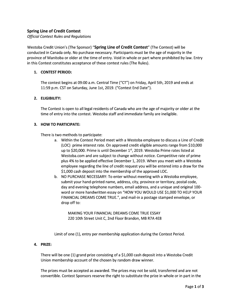 Fillable Online Spring Line of Credit Contest Official Contest Rules ...