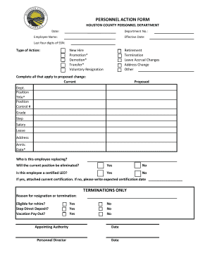 Fillable Online PERSONNEL ACTION FORM - houstoncounty.org Fax Email ...