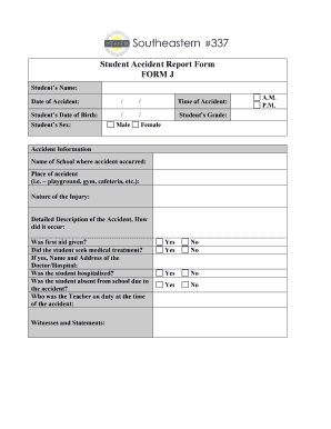 Fillable Online Student Accident Report Form FORM J - southeastern337 ...