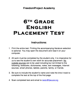 Fillable Online Fillable Online fpeusa 6th Grade English Placement Test ...