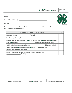 Fillable Online 2016 Clover Novice Award Form Fax Email Print - pdfFiller
