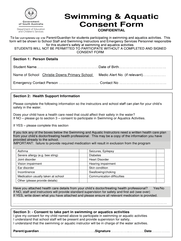 Fillable Online Swimming/aquatic consent form NO YES - Peterborough ...