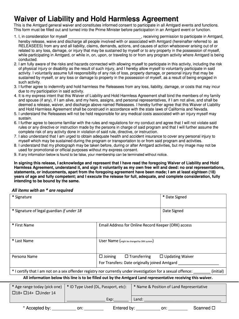 Fillable Online This is the Amtgard general waiver and constitutes ...