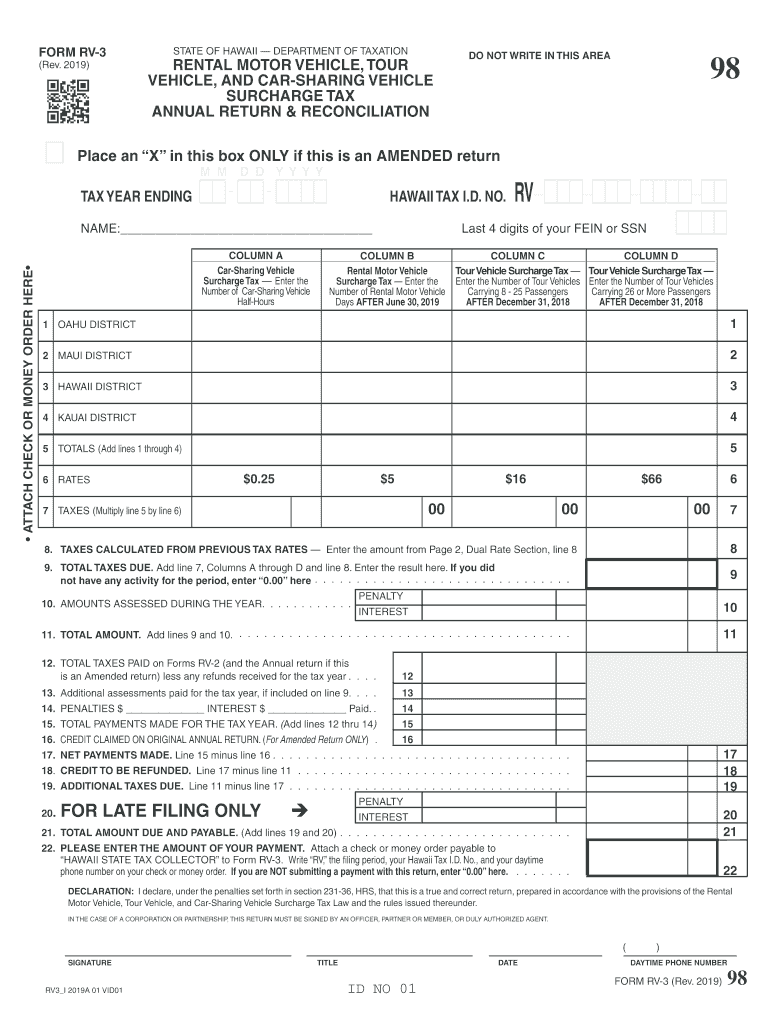 Fillable Online Form RV-3, Rev. 2019, Rental Motor Vehicle and Tour ...