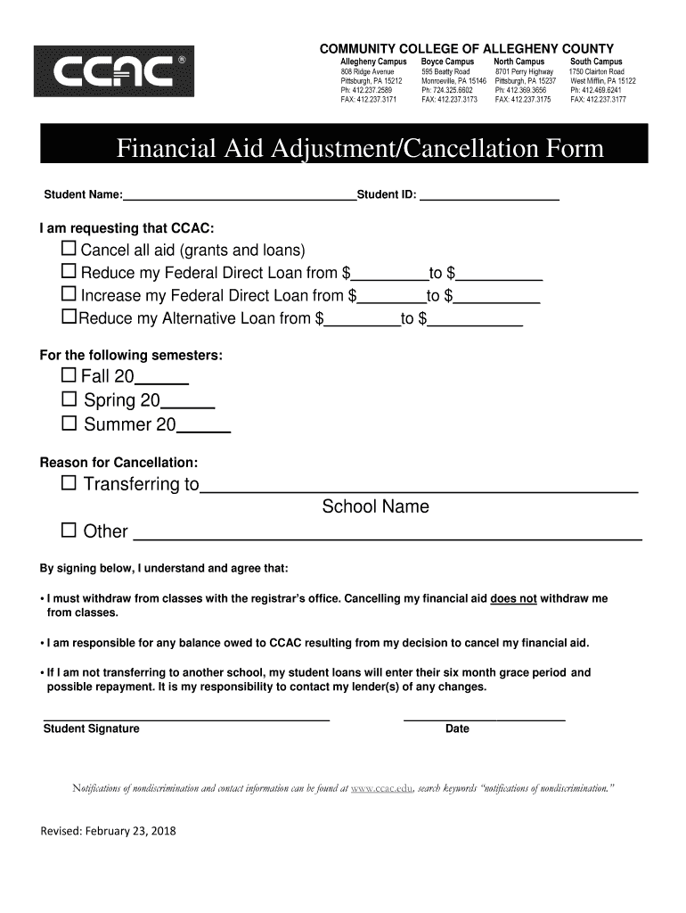 Fillable Online wcms-staging ccac Financial Aid Adjustment/Cancellation ...