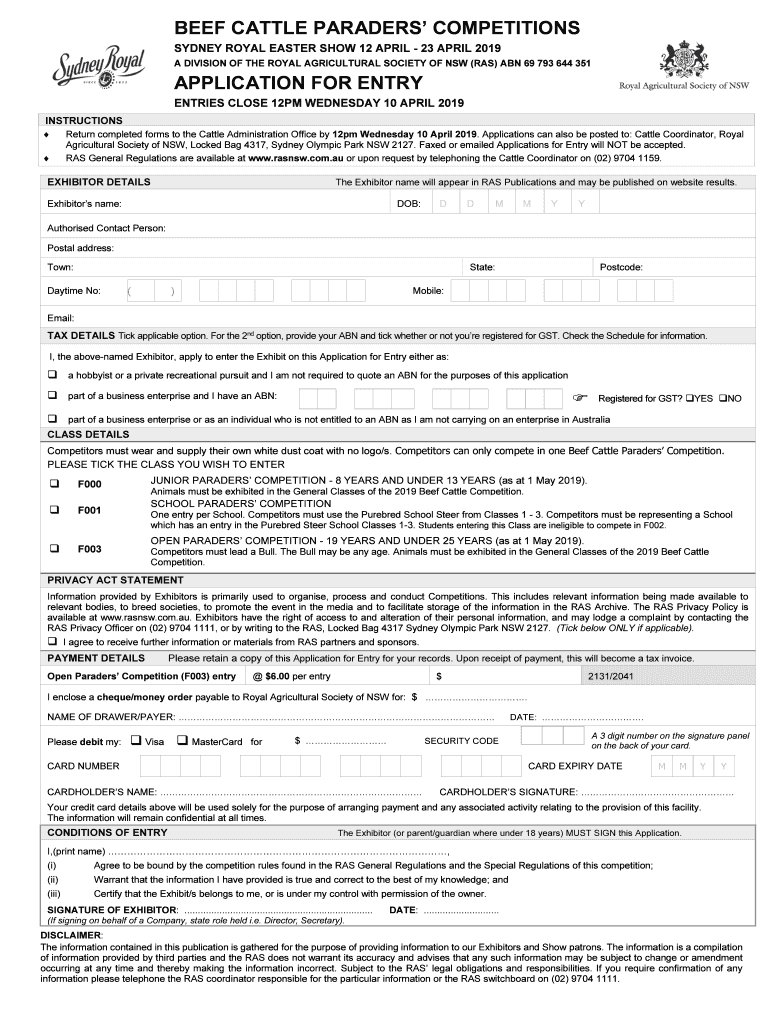 Fillable Online A DIVISION OF THE ROYAL AGRICULTURAL SOCIETY OF NSW ...