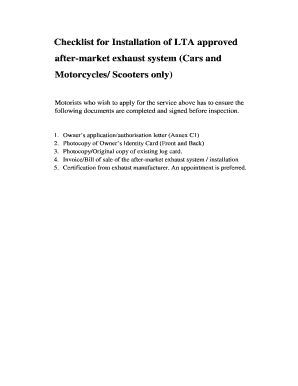Fillable Online Checklist for Installation of LTA approved after-market ...