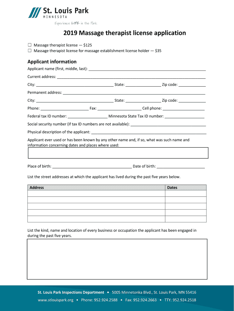 Fillable Online Massage therapist license application - City of St ...