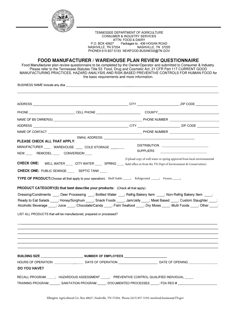 Fillable Online Food Manufacturer Warehouse Plan Review Questionnaire ...