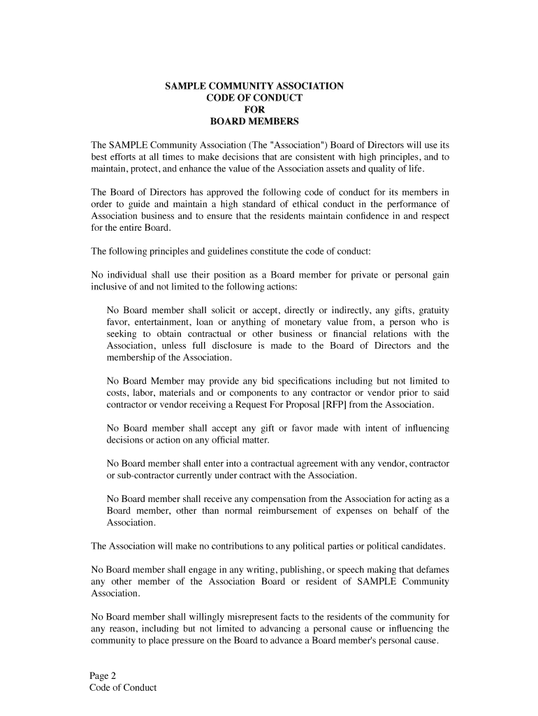 Fillable Online HOA Board Sample Code of Conduct Fax Email Print ...