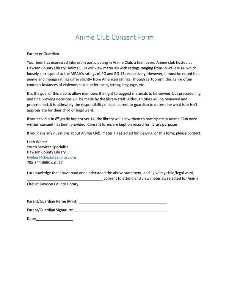 Fillable Online Anime Club permission form Fax Email Print - pdfFiller