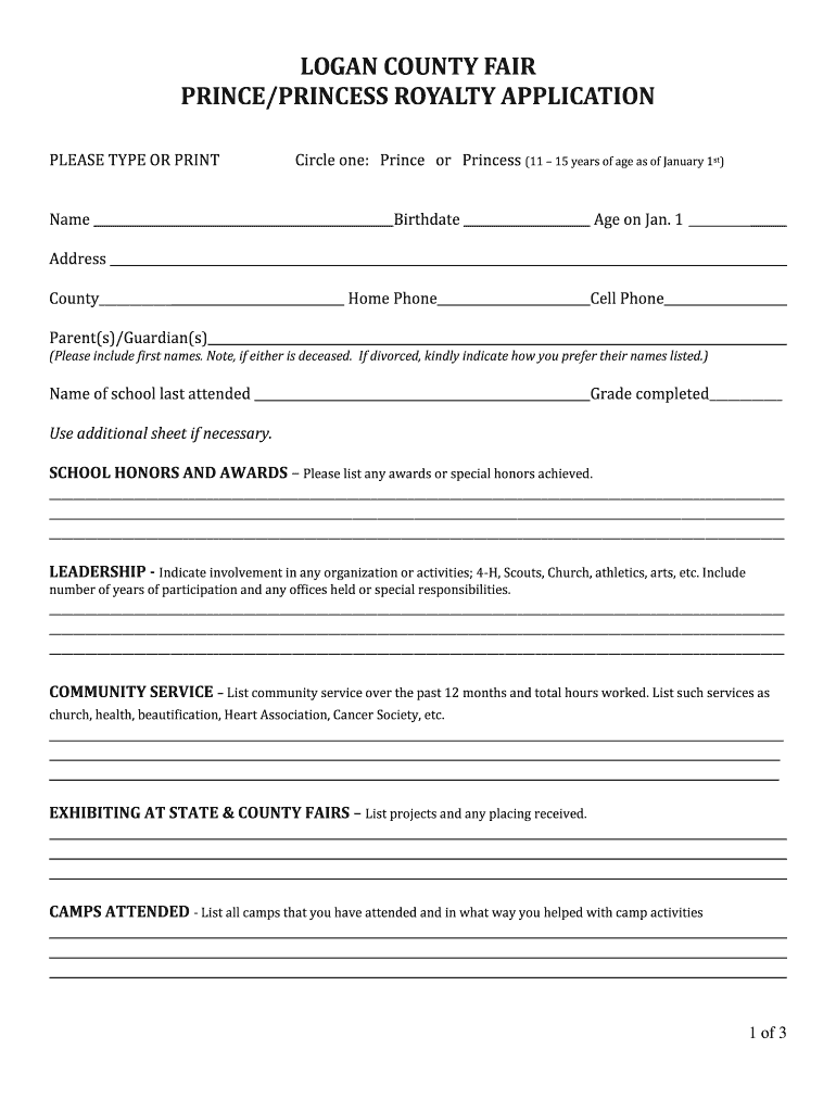 Fillable Online LOGAN COUNTY FAIR PRINCE/PRINCESS ROYALTY APPLICATION ...