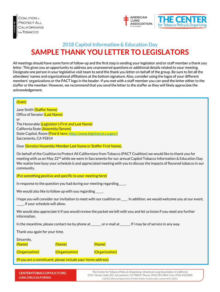Fillable Online sample thank you letter to legislators - The Center for ...