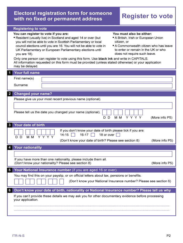 Fillable Online Electoral registration form for someone with no fixed ...