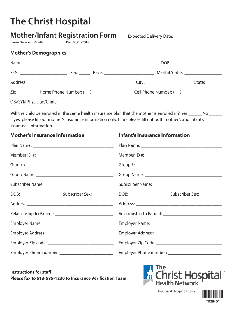 Fillable Online Mother/Infant registration form - The Christ Hospital ...