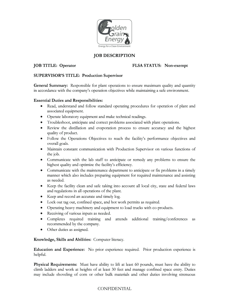 Fillable Online Production Supervisor Job Description Sample - Monster ...