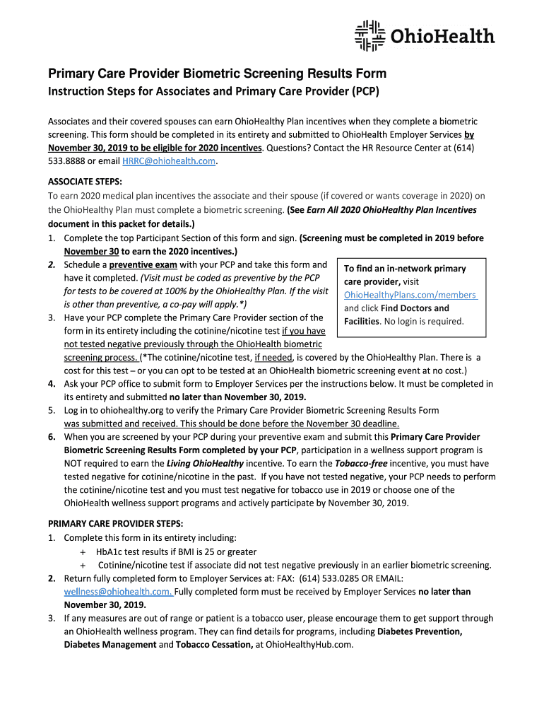 Fillable Online Primary Care Provider Biometric Screening Results Form ...