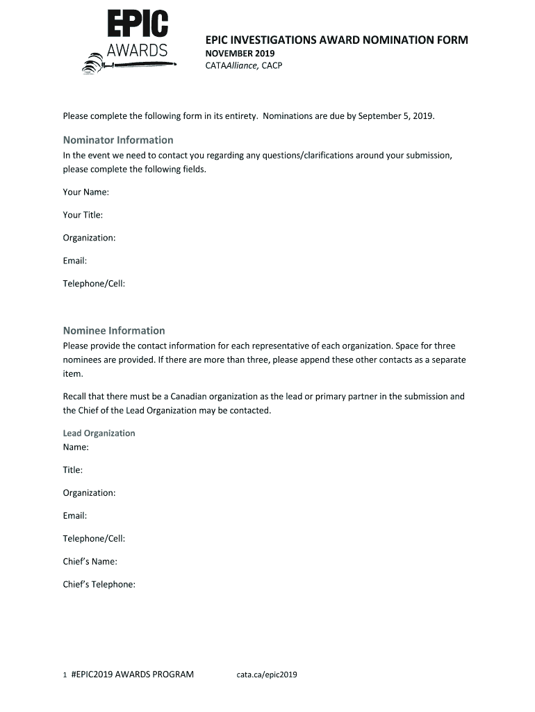 Fillable Online EPIC INVESTIGATIONS Award Nomination Form - cata.ca Fax ...