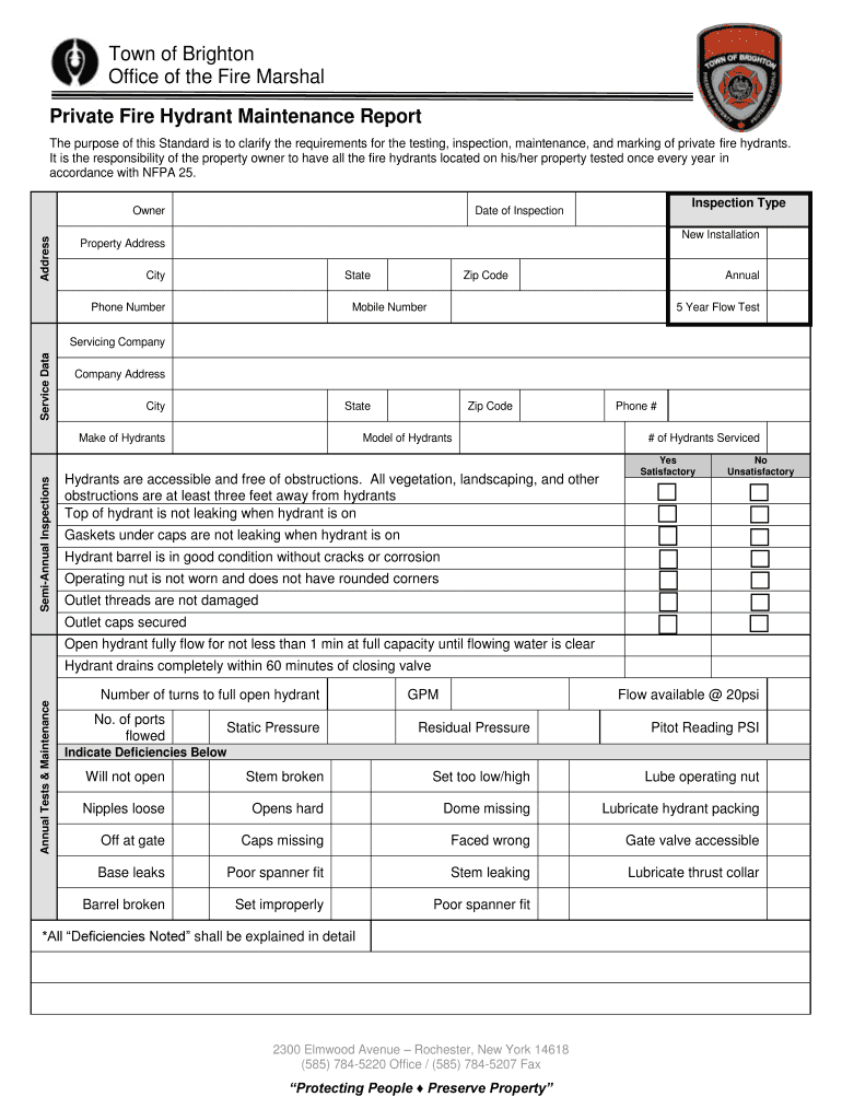 Fillable Online NY Private Fire Hydrant Maintenance Report - Brighton ...