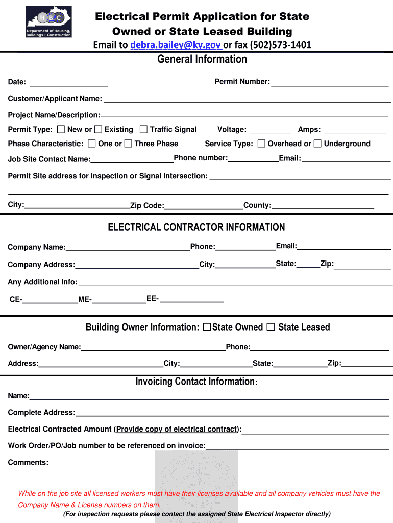 Fillable Online dhbc ky Electrical Permit Application for State Fax ...