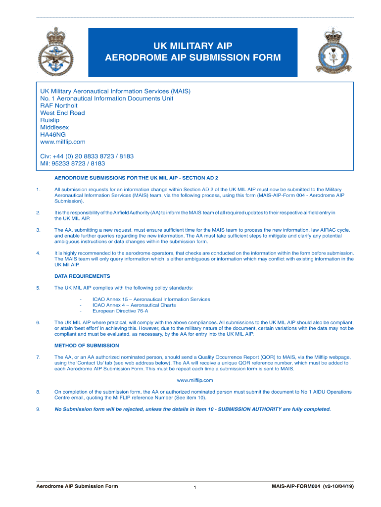 Fillable Online UK MILITARY AIP AERODROME AIP SUBMISSION FORM Fax Email ...