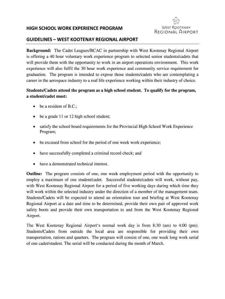 Fillable Online HIGH SCHOOL WORK EXPERIENCE PROGRAM GUIDELINES WEST ...