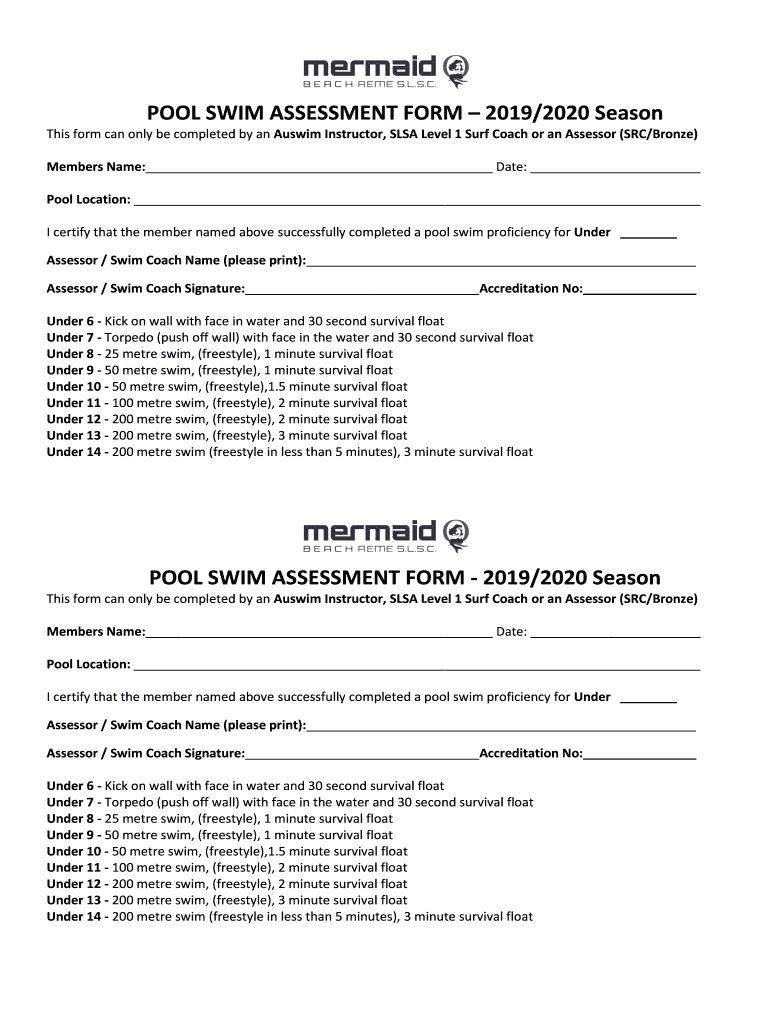 Fillable Online POOL SWIM ASSESSMENT FORM 2019/2020 Season Fax Email ...