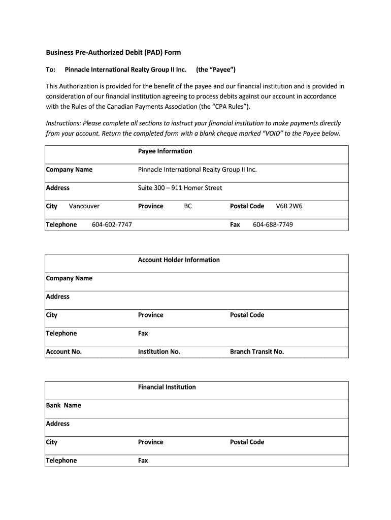 Fillable Online payor's authorization for pre-authorized debits (pad ... - Tuskers Realty Fax ...