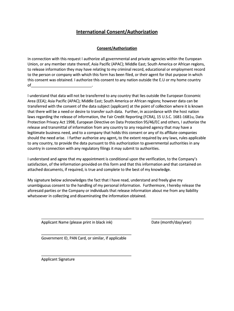 Fillable Online International Consent Authorization - Fill Online ...