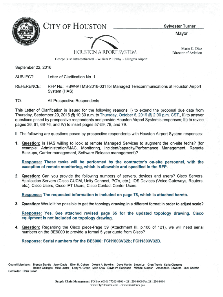 Fillable Online 1.1.1 The City of Houston (City), Houston Airport ...