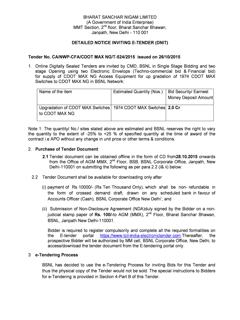 Fillable Online 1 DETAILED NOTICE INVITING E-TENDER (DNIT) BHARAT ...