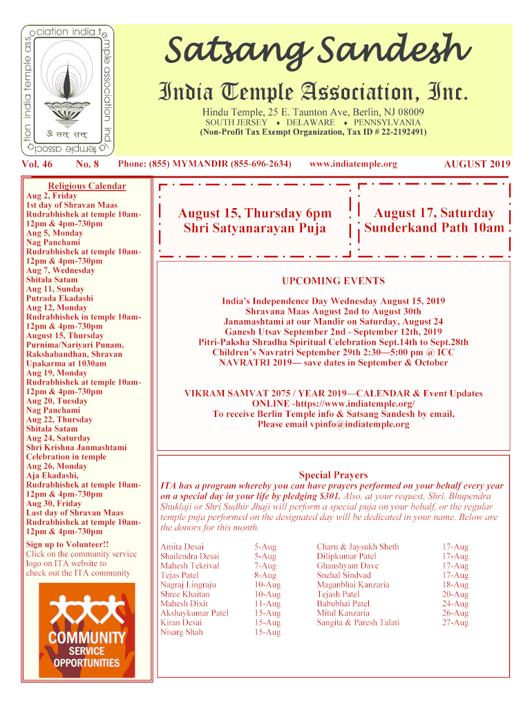 Fillable Online Satsang Sandesh. India Temple Association, Inc. Hindu ...