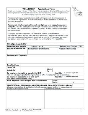 Fillable Online Volunteer for the Hope Hub - The Hope Hub Fax Email ...