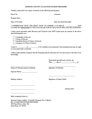 Fillable Online Claim for Excess Proceeds Form. Claim for Excess ...