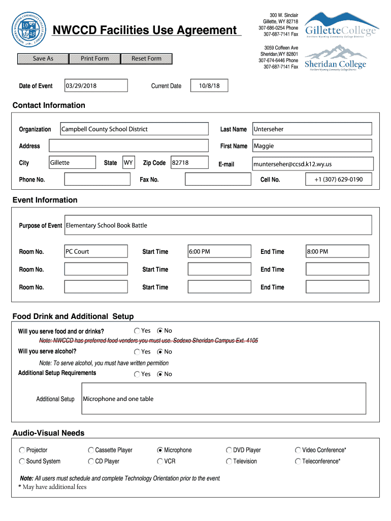 Fillable Online web ccsd k12 wy NWCCD Facilities Use Agreement Fax ...