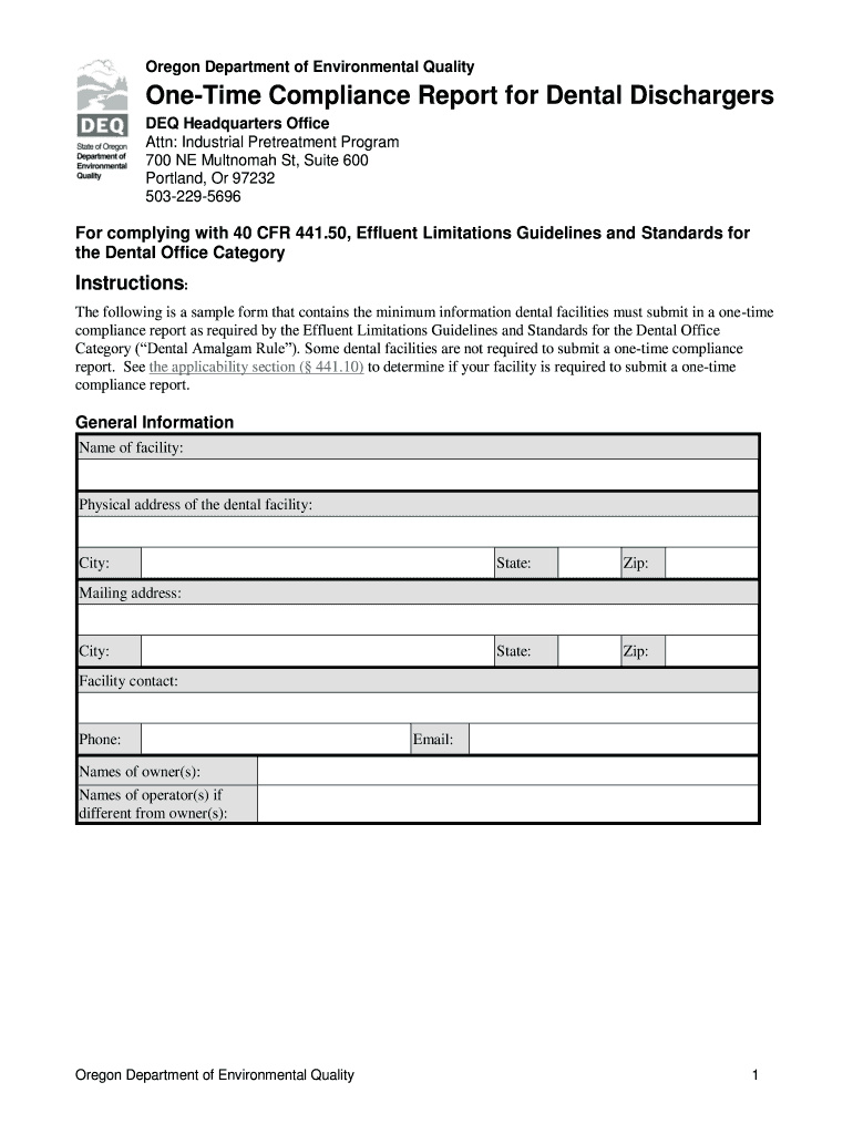 Fillable Online DEQ One-Time Compliance Report for Dental Dischargers ...