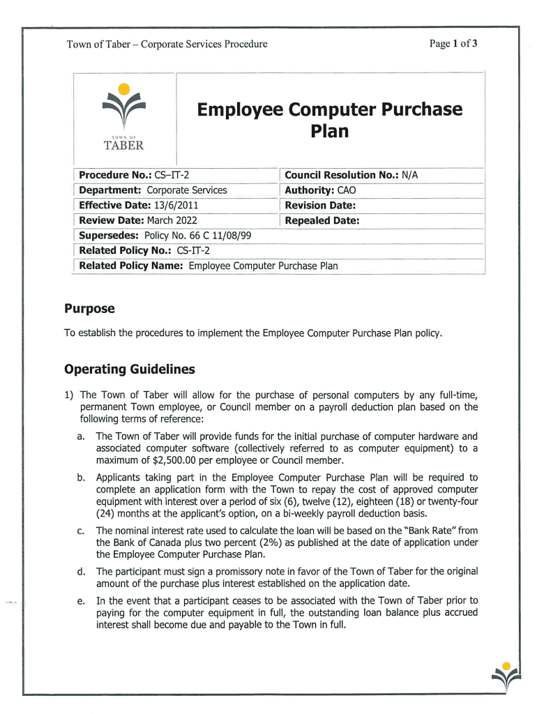 Fillable Online Employee Computer Purchase - taber.ca Fax Email Print ...