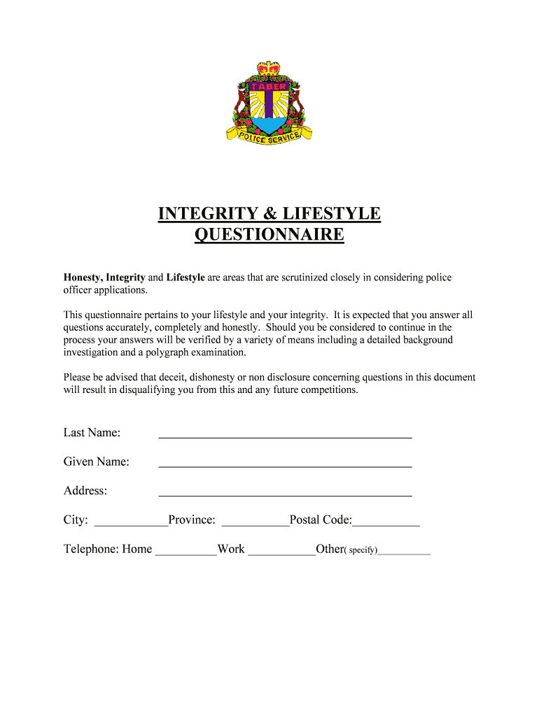 Fillable Online Integrity and Lifestyle Questionnaire - Delta Police ...