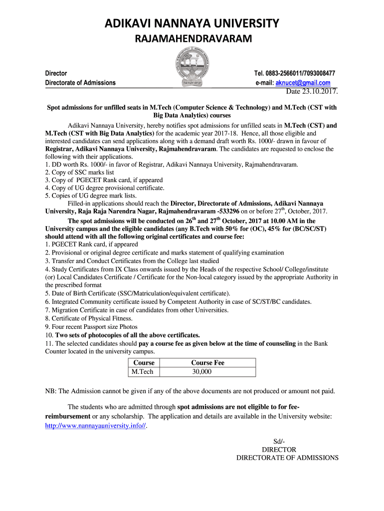 Fillable Online adikavi nannaya university admission information ...
